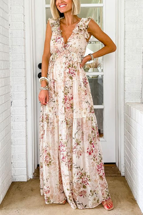 Wonderful Wishes V Neck Bow Back Floral Print Maxi Dress – Rosiedress